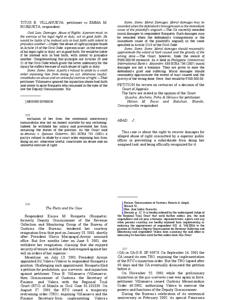 Villanueva Vs Rosqueta | PDF | Injunction | Damages