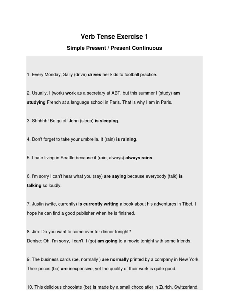 Verb Tense Exercise COMPLETE | PDF