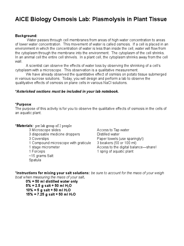 AICE Biology Osmosis Lab: Plasmolysis in Plant Tissue: Background | PDF ...
