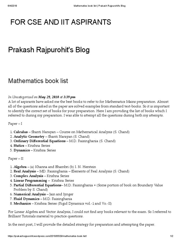 Essential Mathematics Book List | PDF