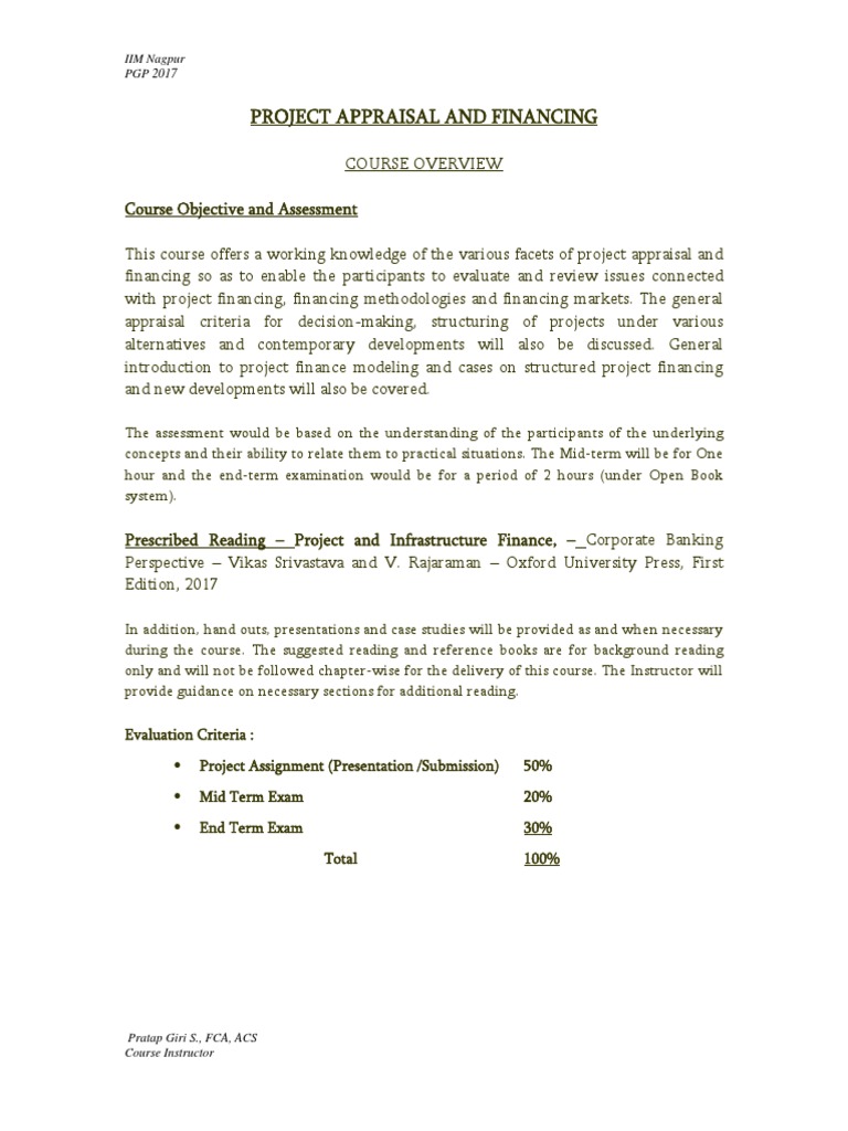 Project Appraisal and Financing Course Outline | PDF | Project Finance ...
