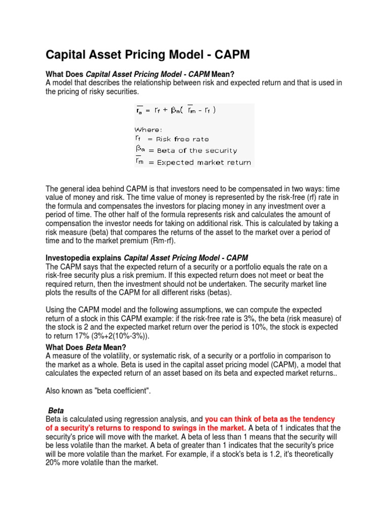 What Does Capital Asset Pricing Model - CAPM Mean? | PDF | Beta ...