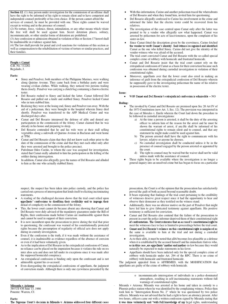 Police confession inadmissible without Miranda warning | PDF | Miranda ...