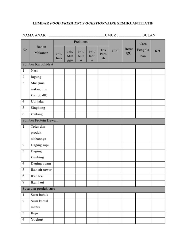 Lembar Food Frequency Questionnaire Semikuantitatif | PDF