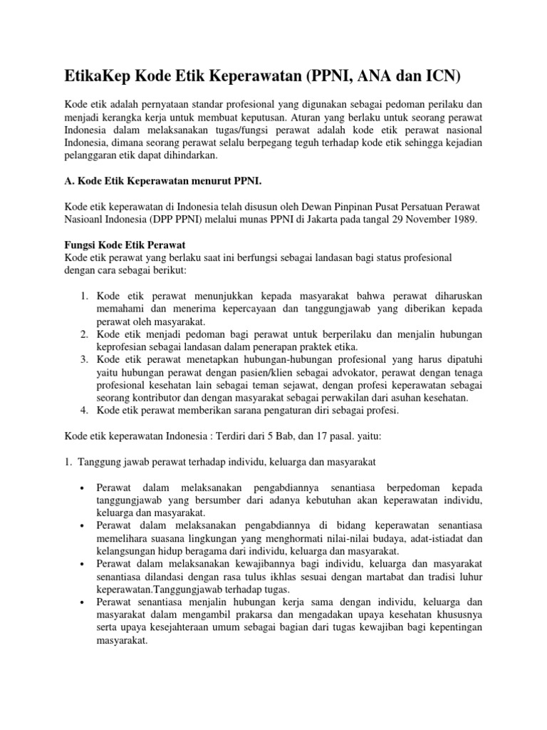 Kode Etik Keperawatan PPNI Indonesia | PDF