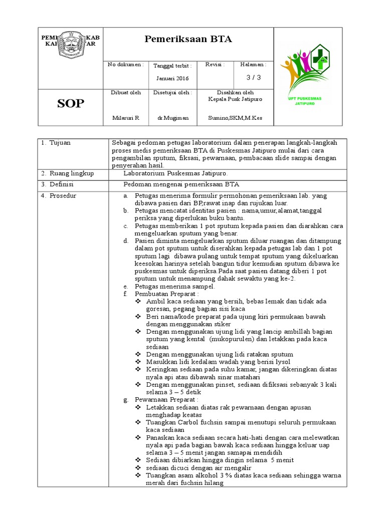 SOP Pemeriksaan BTA | PDF