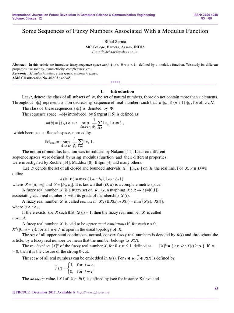 Some Sequences of Fuzzy Numbers Associated With A Modulus Function | PDF | Continuous Function ...