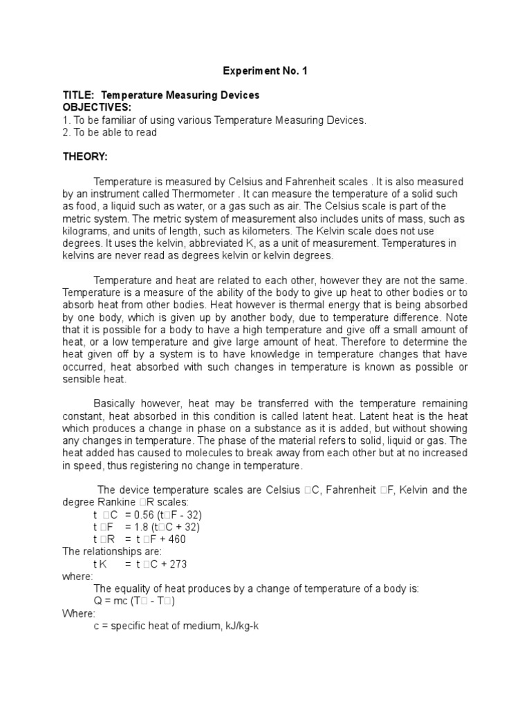 Experiment No. 1 TITLE: Temperature Measuring Devices Objectives | PDF ...