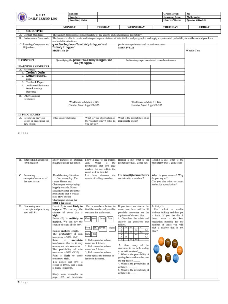 DLL Math 6 q4 - Week 8 | PDF | Odds | Probability