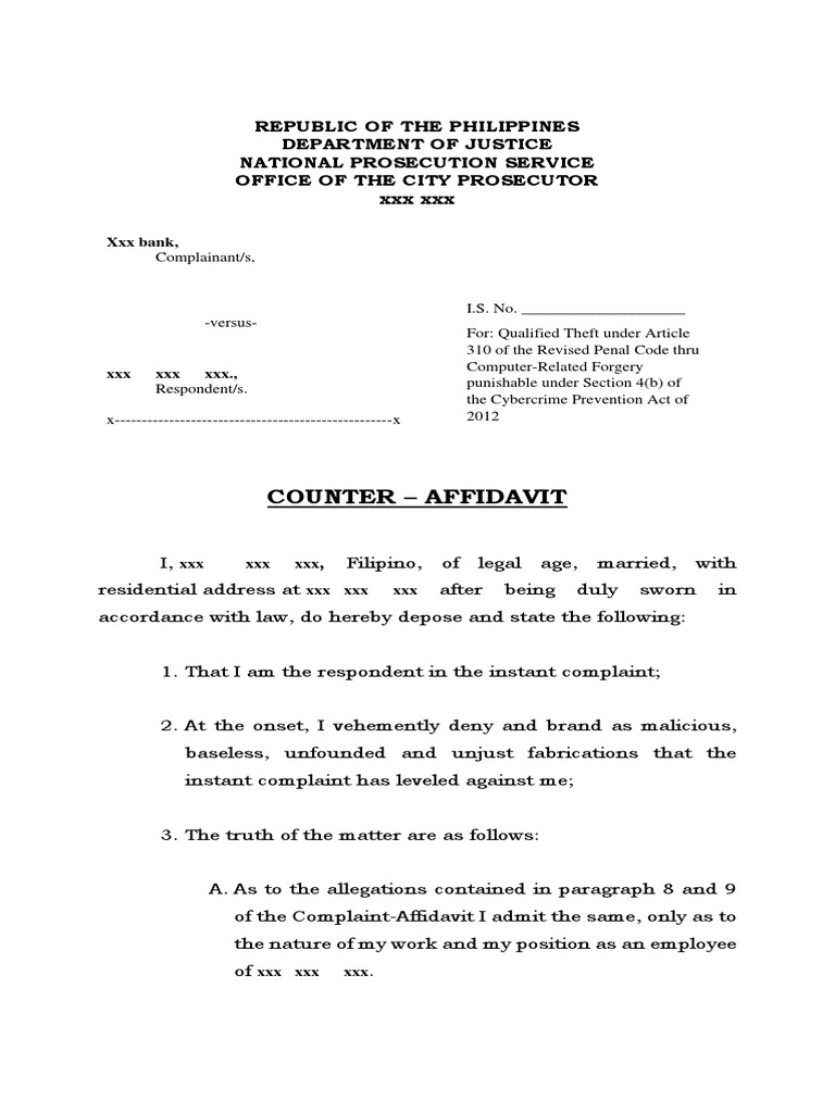 Counter-Affidavit in Qualified Theft | Theft | Common Law | Free 30-day ...