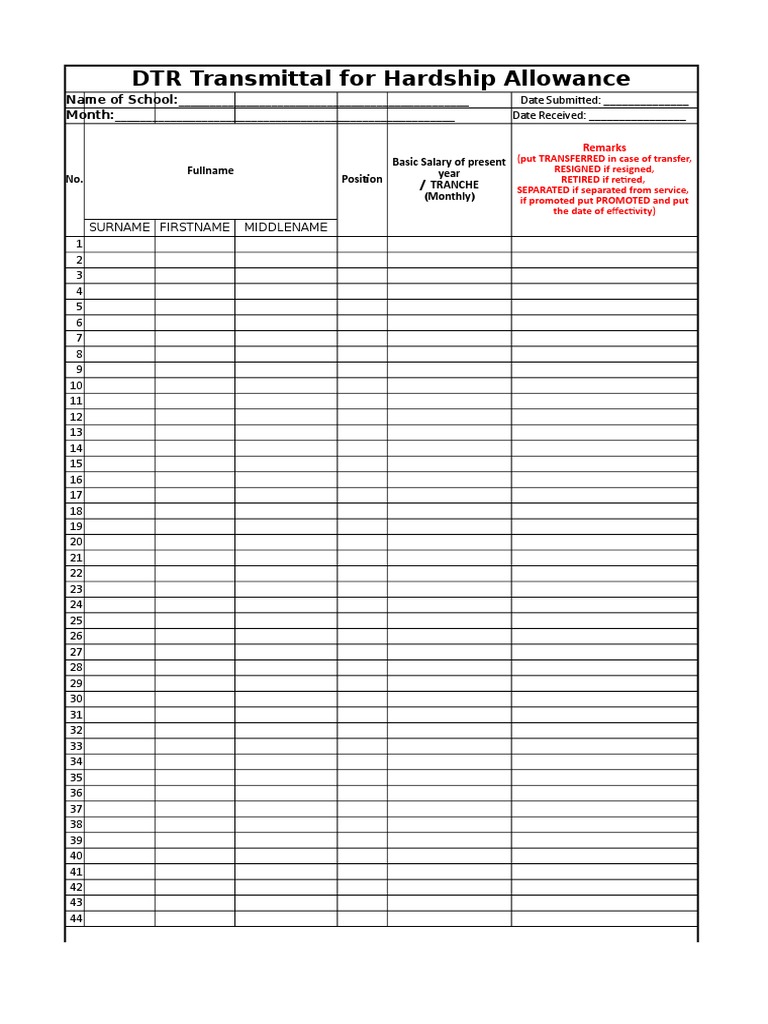 DTR Transmittal For Hardship Allowance: Date Submitted: - Date Received ...