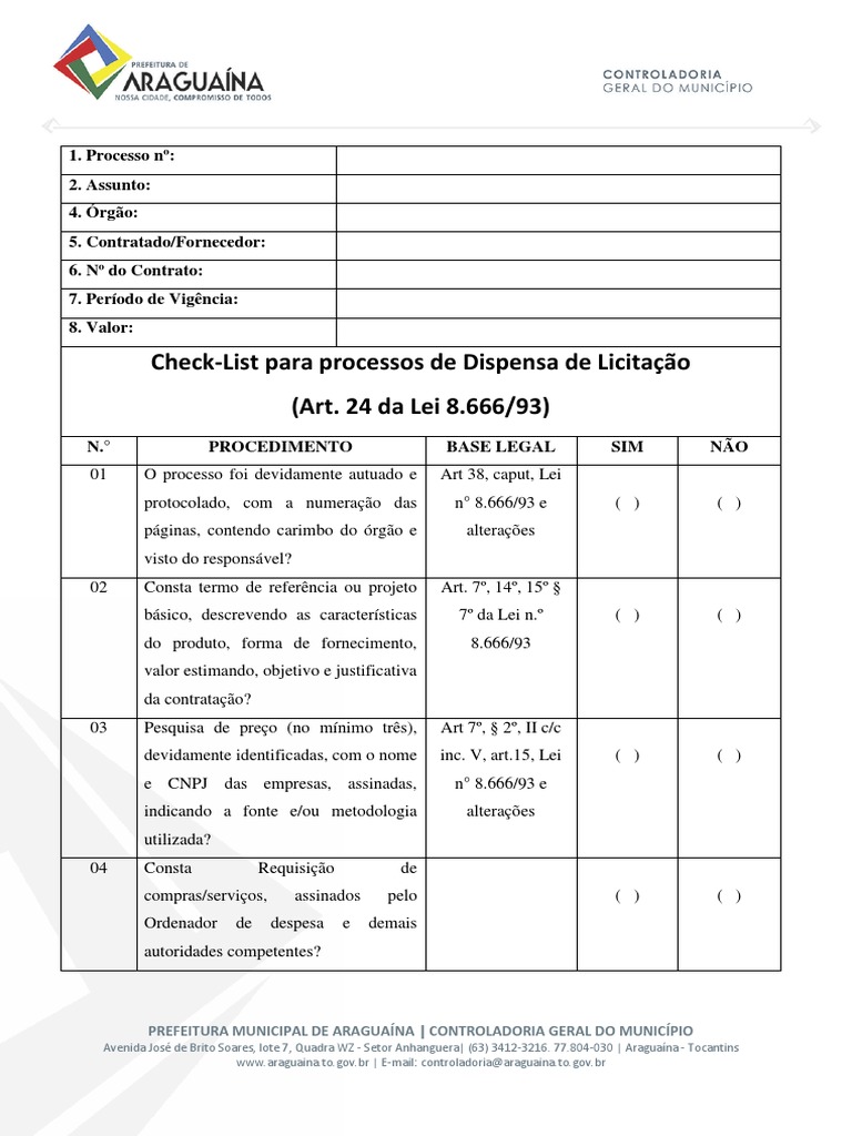 Check List Dispensa de Licitação | Estatuto | Justiça