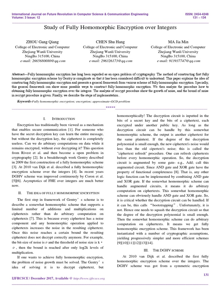 Study of Fully Homomorphic Encryption Over Integers | PDF | Secrecy | Cryptography