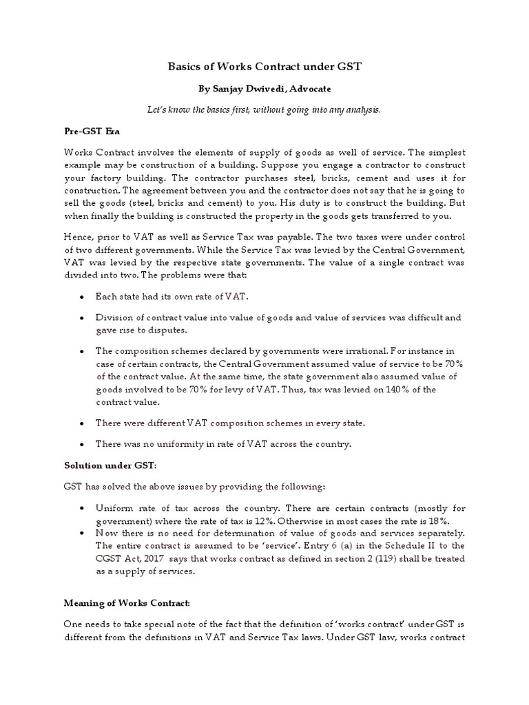 Works Contract Under GST (Bare Framework) | PDF | Value Added Tax | Invoice