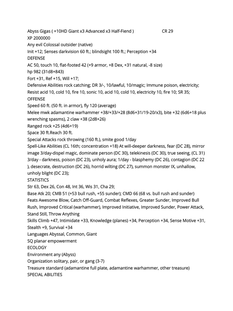 Abyss Gigas CR 29: Stats & Abilities | PDF | Leisure | Sports