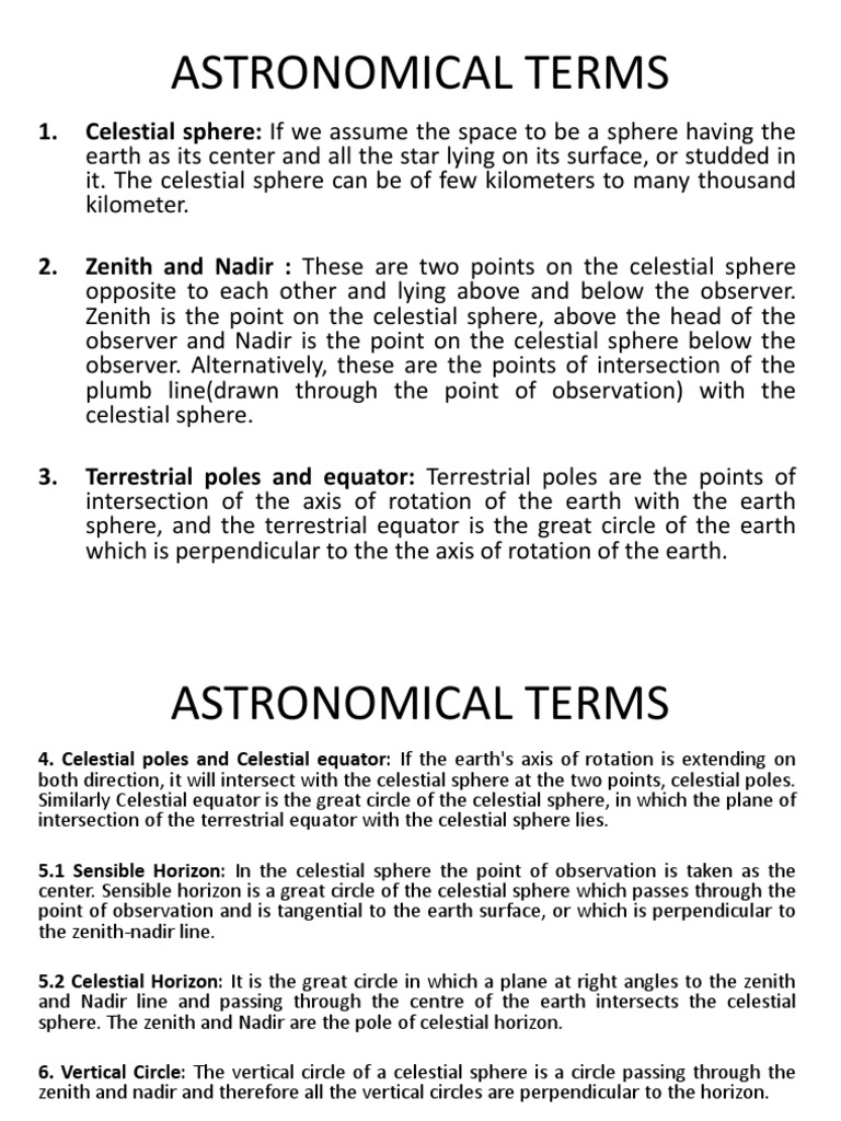 Astronomical Terms | PDF | Equator | Sphere