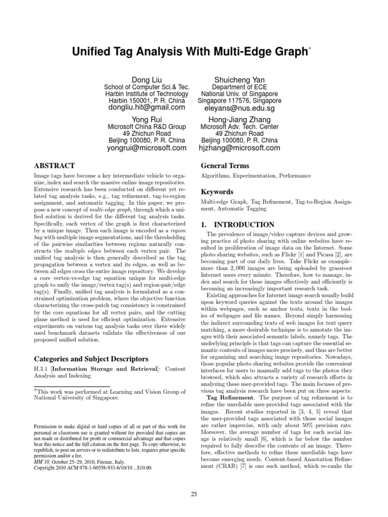 Unified Tag Analysis With Multi-Edge Graph: Dong Liu Shuicheng Yan ...