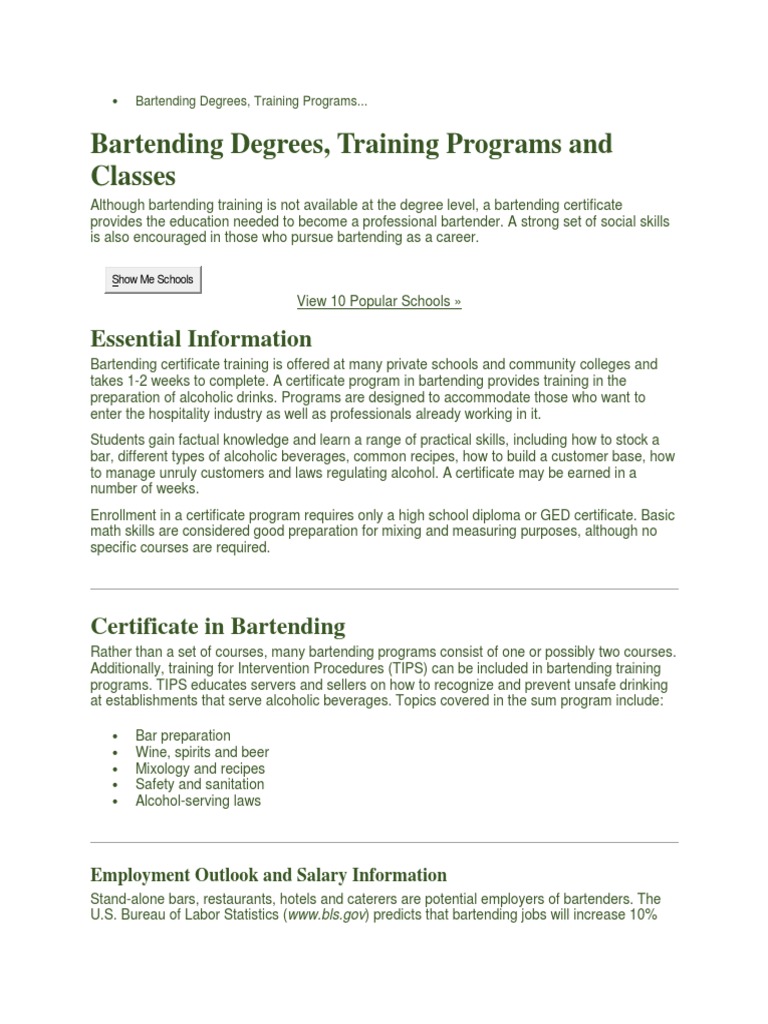 Bartending Certificate Programs Overview | PDF | Bartender | Beverages