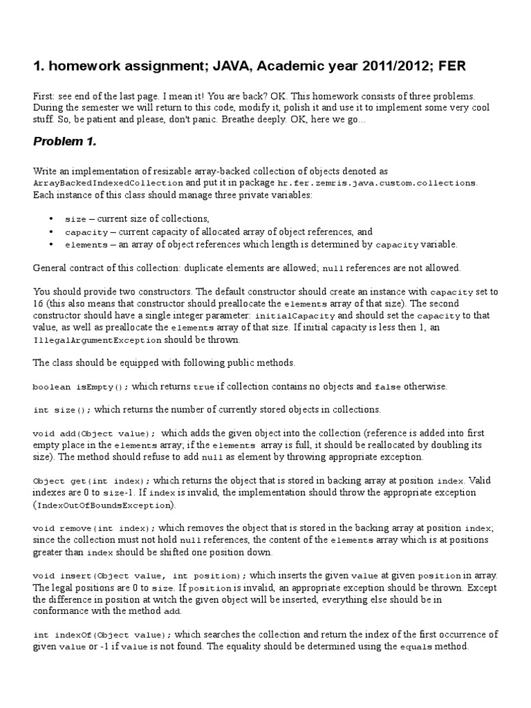 Homework Assignment JAVA, Academic Year 2011/2012 FER: Problem 1 | PDF ...