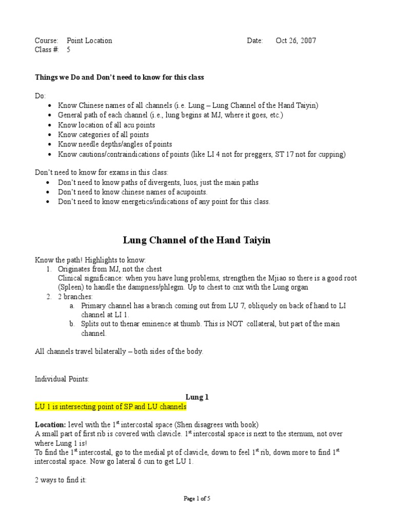 Key Information for the Lung Channel of the Hand Taiyin Acupuncture ...
