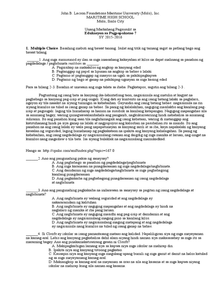 Esp First Grading Exam 2015 | PDF