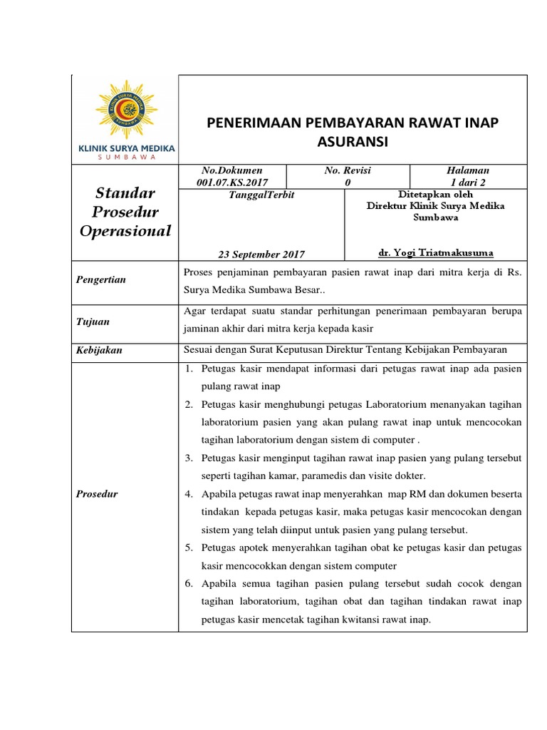 Sop Penerimaan Pembayaran Rawat Inap Asuransi | PDF