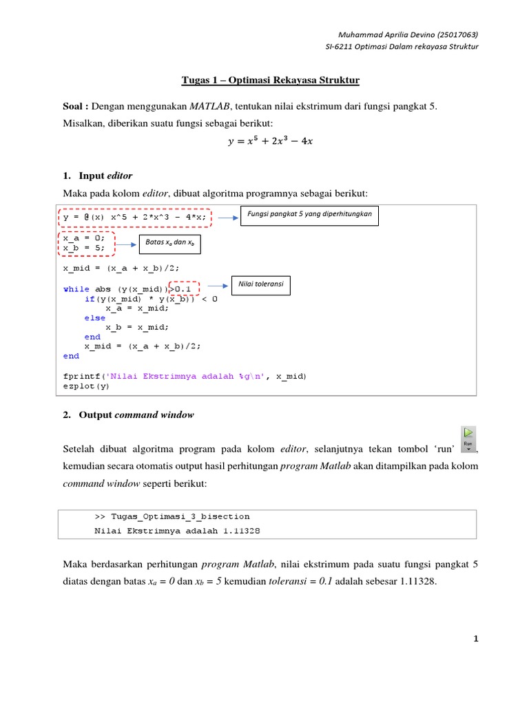 Tugas 1 Optimasi Struktur - Bisection (Matlab) | PDF