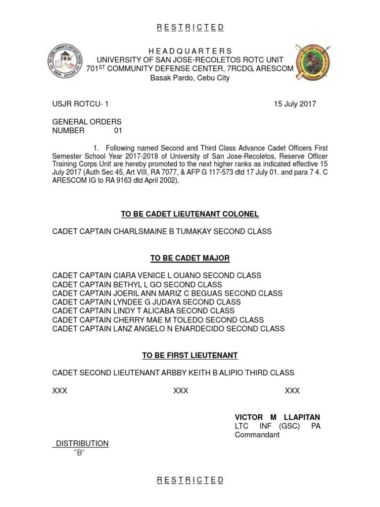 Promotion Orders for University of San Jose-Recoletos ROTC Unit Cadets ...
