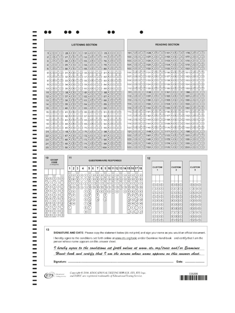 Answer Sheet - ToEIC | PDF