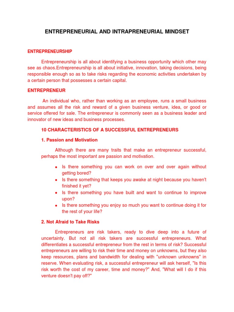 Entrepreneurial and Intrapreneurial Mindset: Entrepreneurship | PDF ...