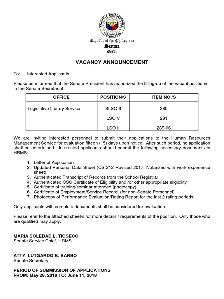 Vacancy Announcement: Senate | PDF | Secretary | Bibliography