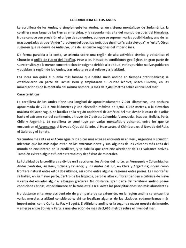 La Cordillera de Los Andes | PDF | Andes | Geografía Física
