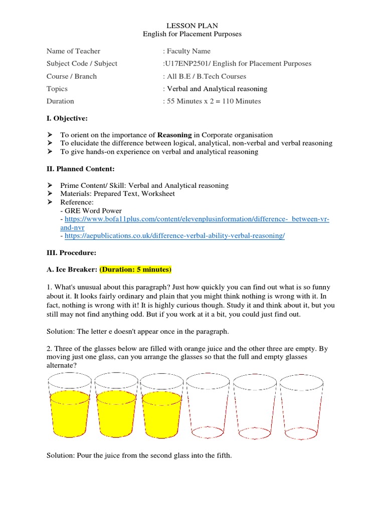 Verbal and Analytical Reasoning Lesson Plan | PDF | Reason | Test ...