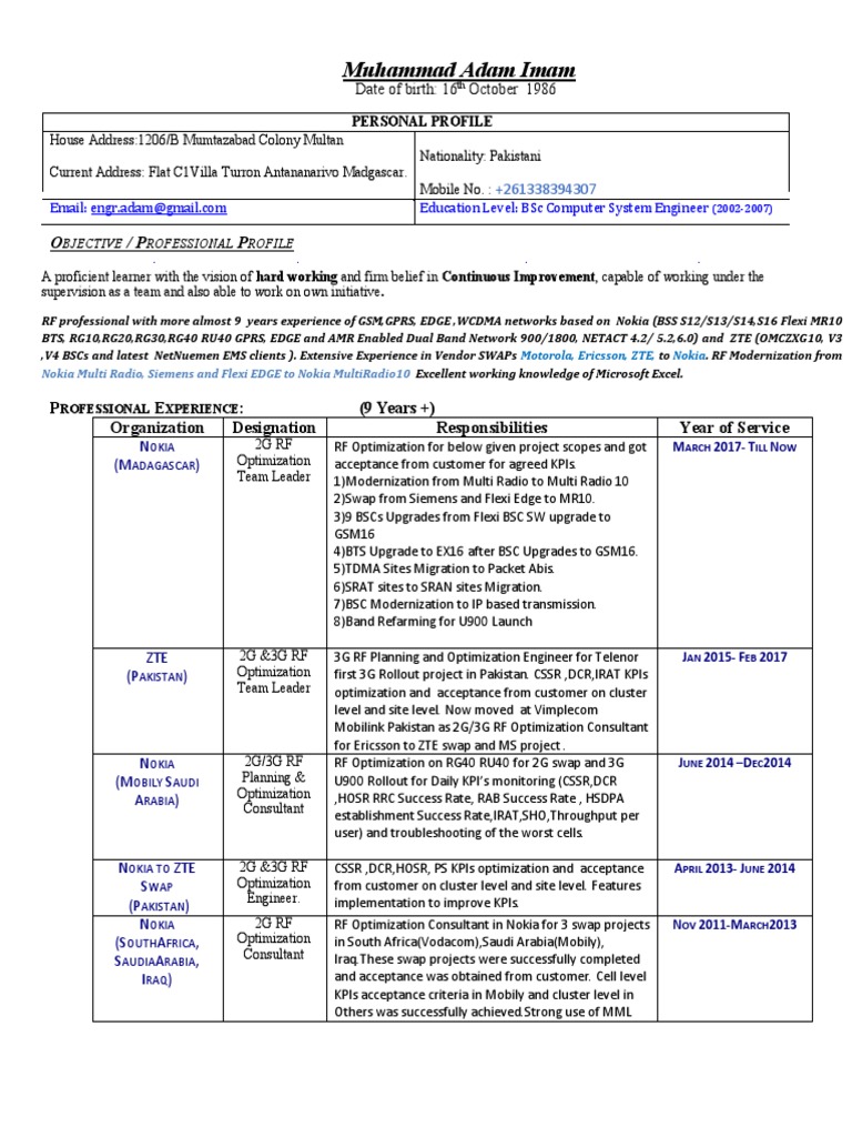 Adam CV RF Optimization Consultant 2G 3G | PDF | Radio Resource ...