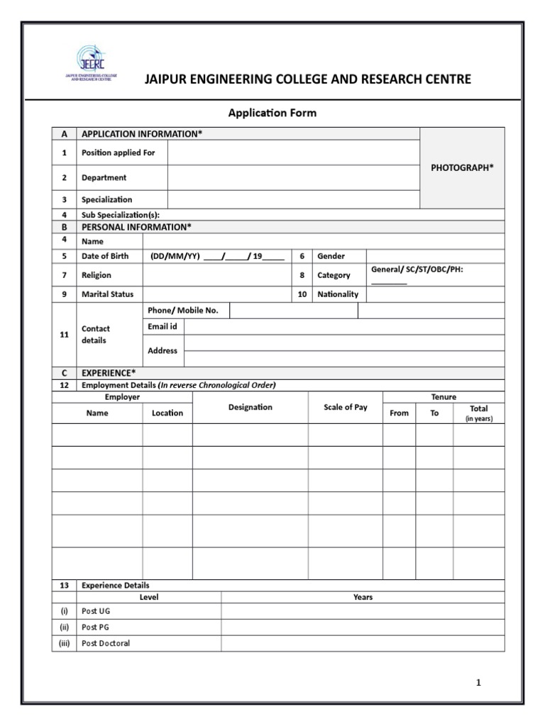 Jaipur Engineering College and Research Centre: Application Form | PDF ...