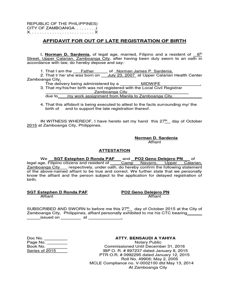 Affidavit For Late Registration of Birth. | PDF | Affidavit | Comparative Law