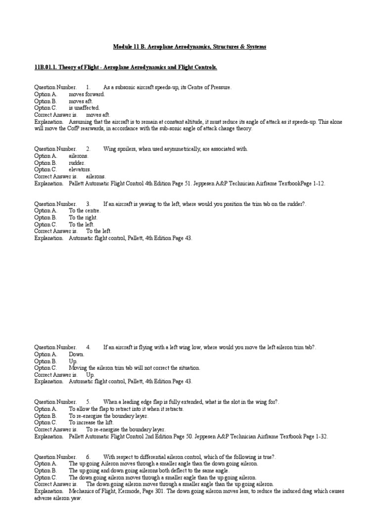 EASA Module 11 B. Aeroplane Aerodynamics, Structures & Systems Mcq's ...