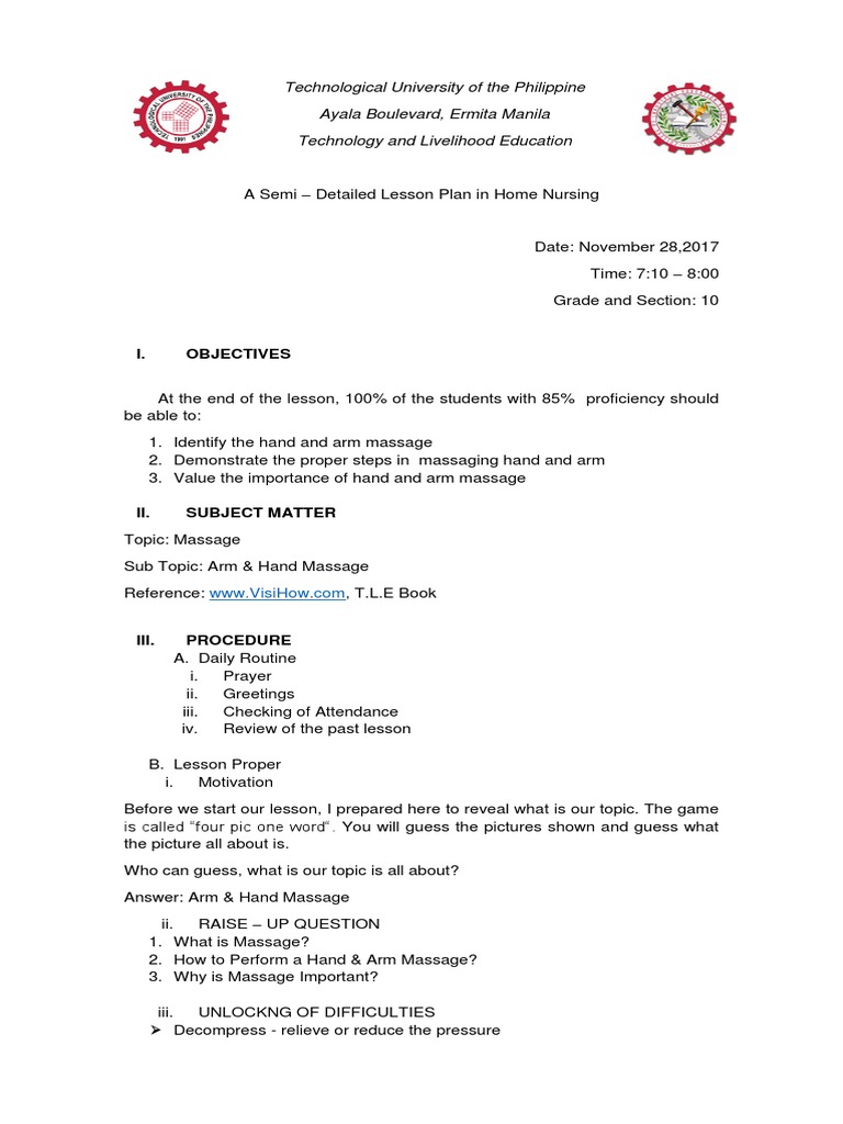 Semi-Detailed Lesson Plan Hand Massage | PDF | Hand | Massage