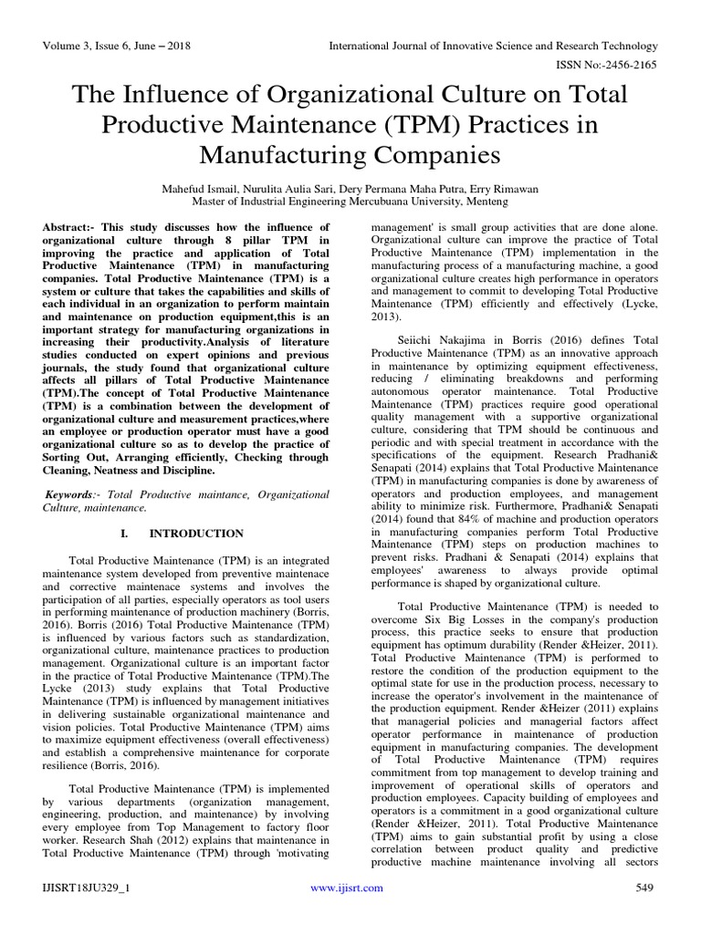 The Influence of Organizational Culture On Total Productive Maintenance ...