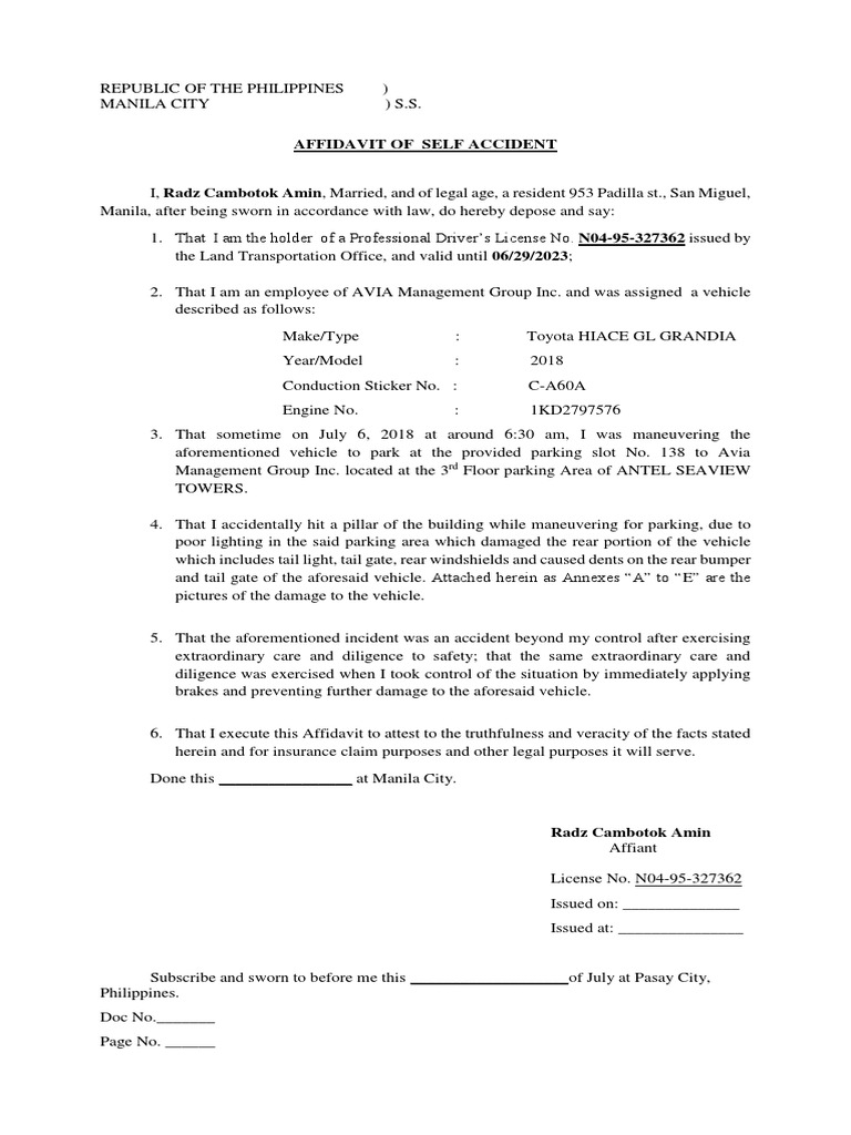 Affiadvit Self Accident | PDF | Affidavit | Vehicles