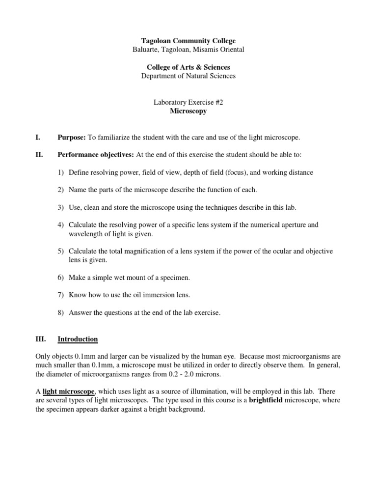 TCC - Laboratory Ex # 02 (Microscopy) - Nat. Sci. 101 (Bio-Zoo For ...