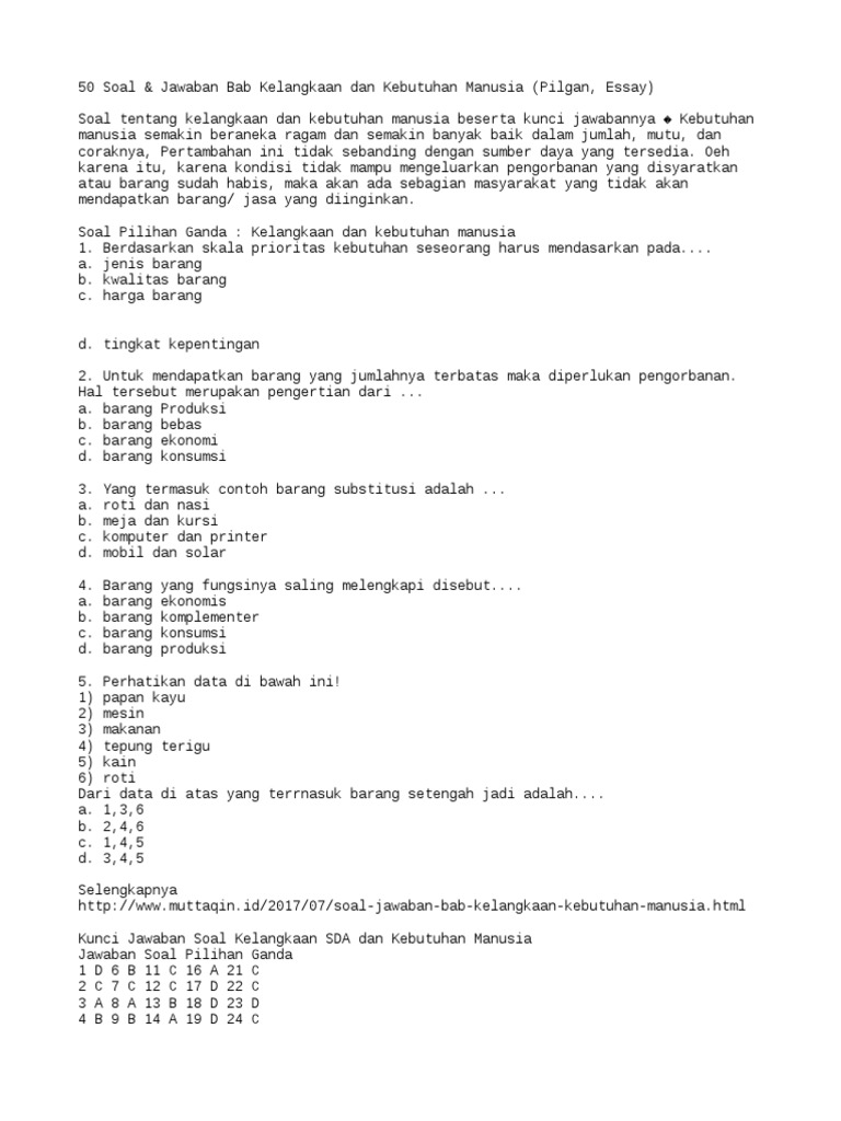50 Soal & Jawaban Bab Kelangkaan Dan Kebutuhan Manusia (Pilgan, Essay) | PDF