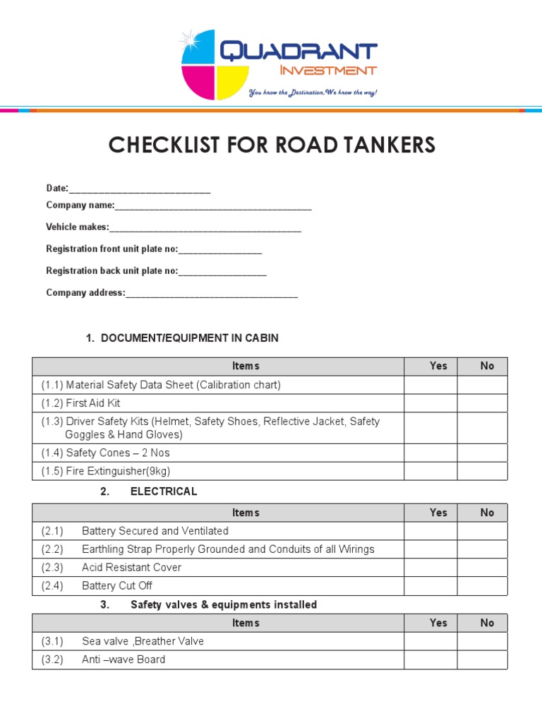Checklist For Road Tankers | PDF | Manufactured Goods | Vehicles