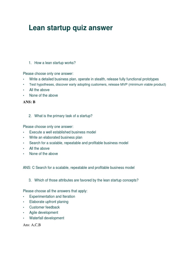 Lean Startup Quiz Answers | PDF | Lean Startup | Startup Company