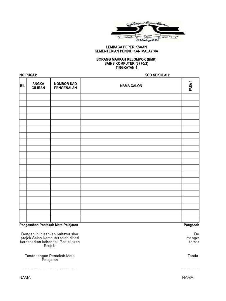 Borang Markah Kelompok (BMK) | PDF