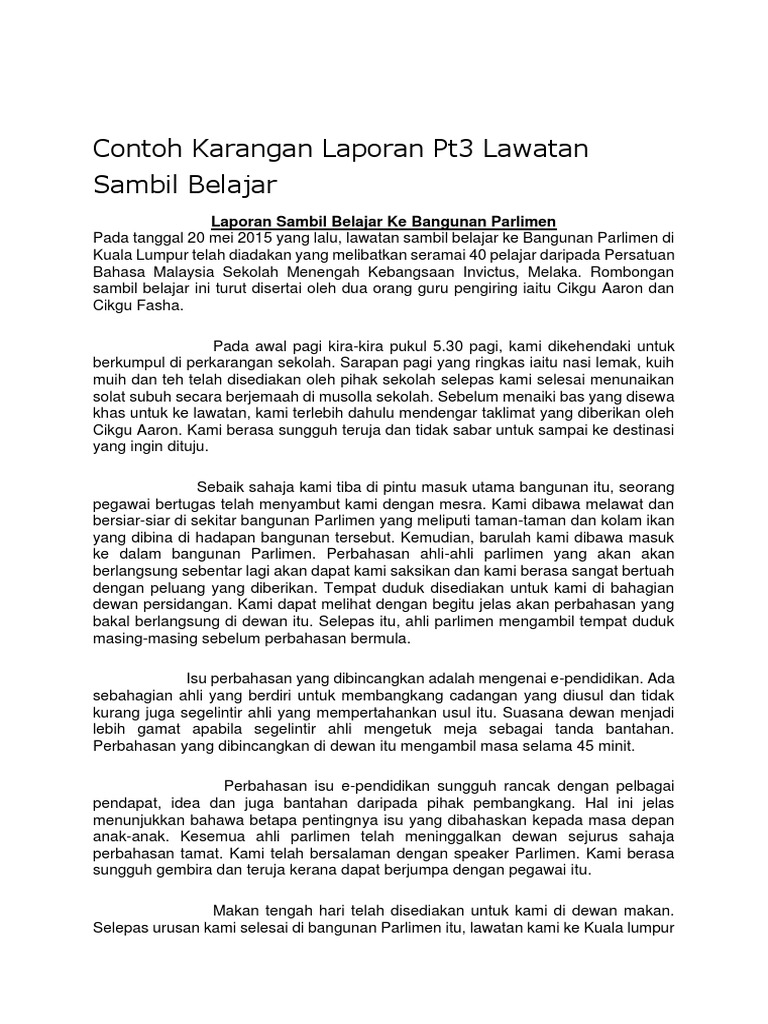 Contoh Karangan Laporan Pt3 Lawatan Sambil Belajar | PDF