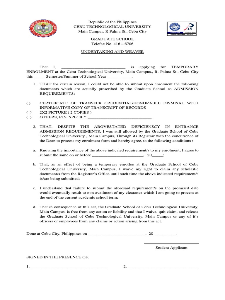 Temporary Enrollment Undertaking and Waiver for Submission of Required ...