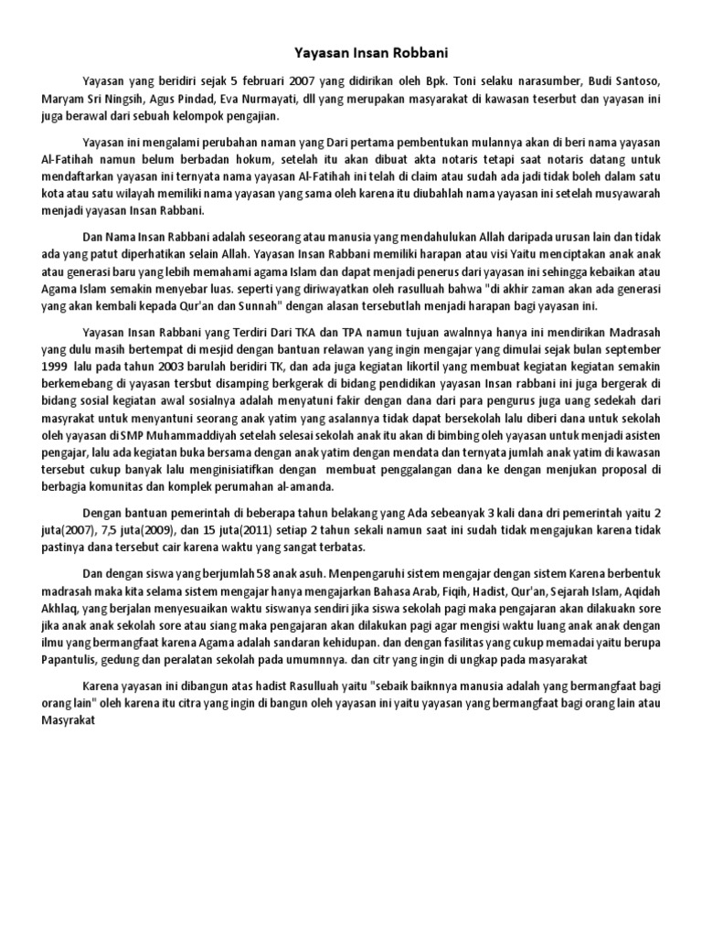 Yayasan Insan Rabbani: Visi dan Misi | PDF
