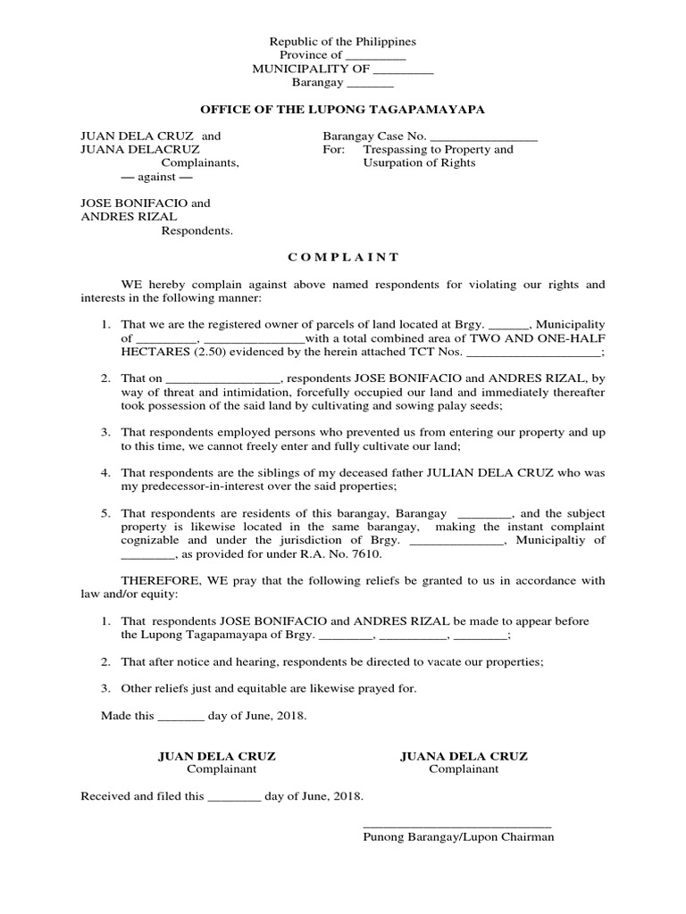 Sample Barangay Complaint | PDF | Civil Law (Common Law) | Virtue