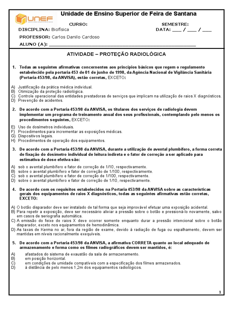 ATIVIDADE Protecao Radiologica - PORTARIA 453 - Biofisica UNEF - 29 05 ...